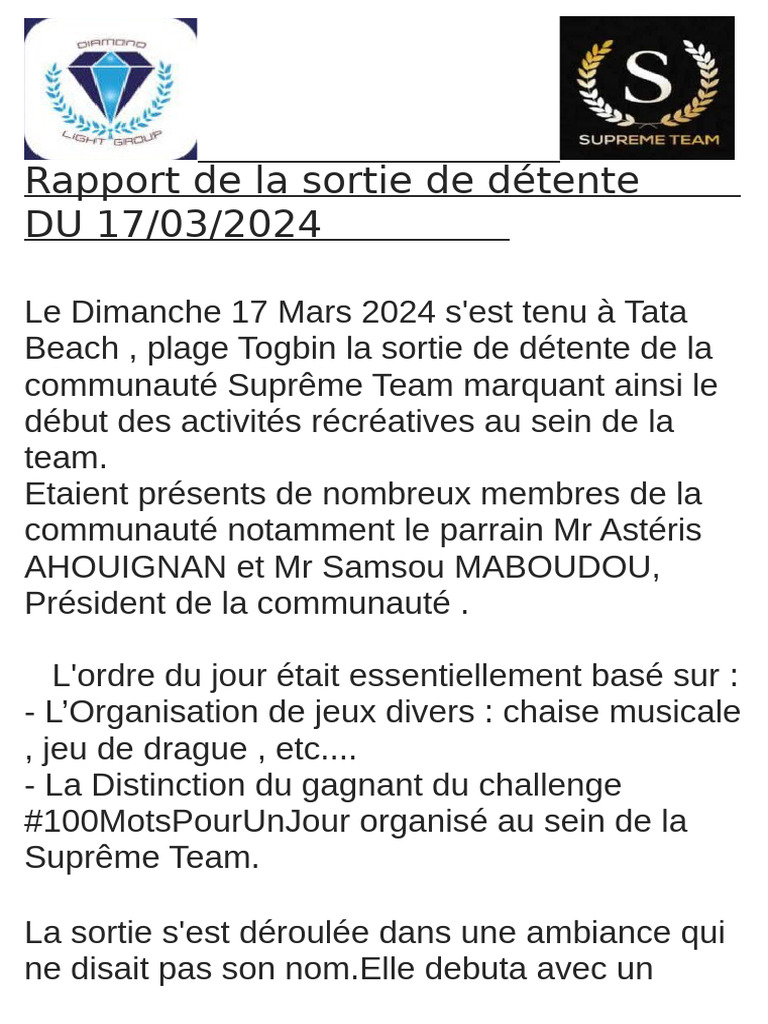Rapport de La Sortie | PDF