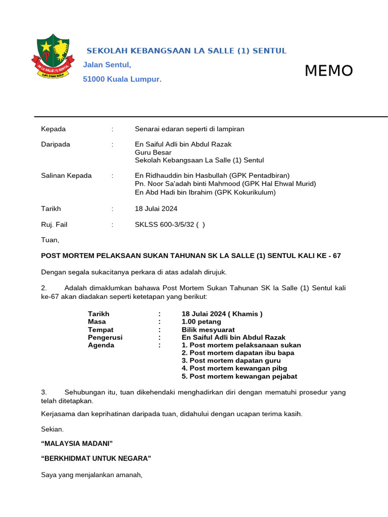 Memo Sukan Tahunan 2024 | PDF