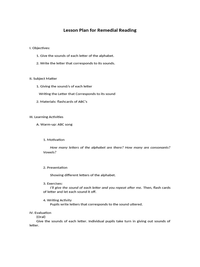 Lesson Plans For Remedial Reading | PDF
