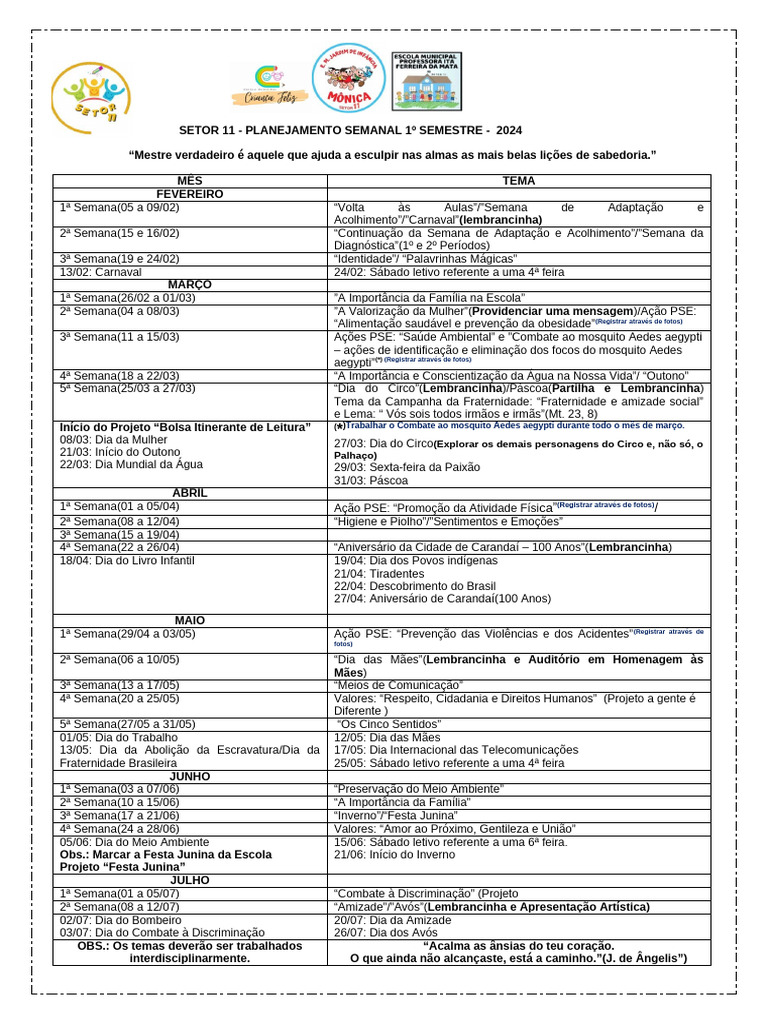 Cronograma Semanal - Setor 11 - 1º Semestre 2024 | PDF