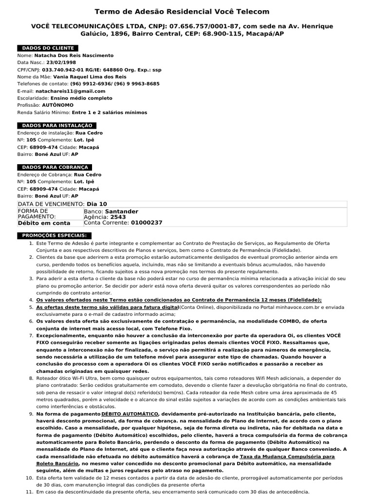 Contrato de Adesão Você Telecom | PDF | Telefonia | Internet