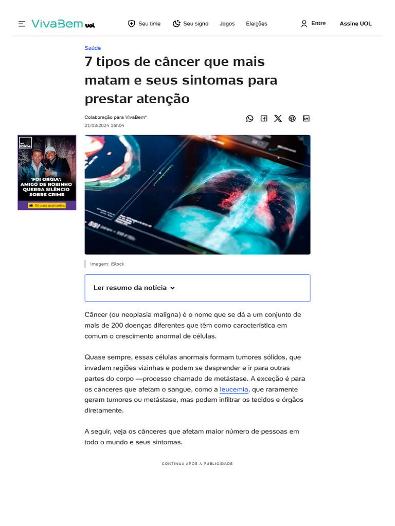 7 Tipos de Câncer Que Mais Matam e Seus Sintomas para Prestar Atenção | PDF