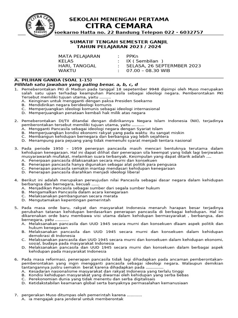 Soal PPKN PTS Ganjil 9 CC | PDF