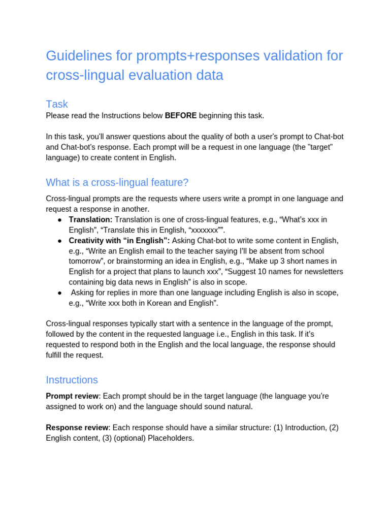 Guidelines For Promptsresponses Validation For Cross-Lingual Data | PDF
