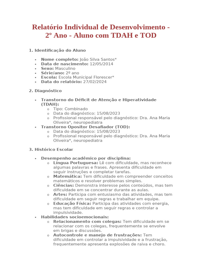 Relatório Individual de Desenvolvimento - 2º Ano - Aluno Com TDAH e TOD | PDF