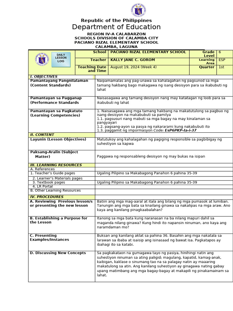DLL Esp 6 Week 4 Day 1 | PDF