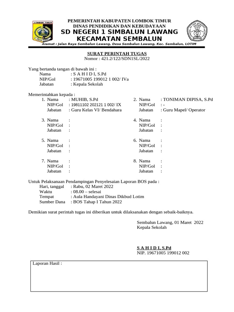 Contoh SPT+SPPD+Lap Hasil Ambil Dana BOS | PDF