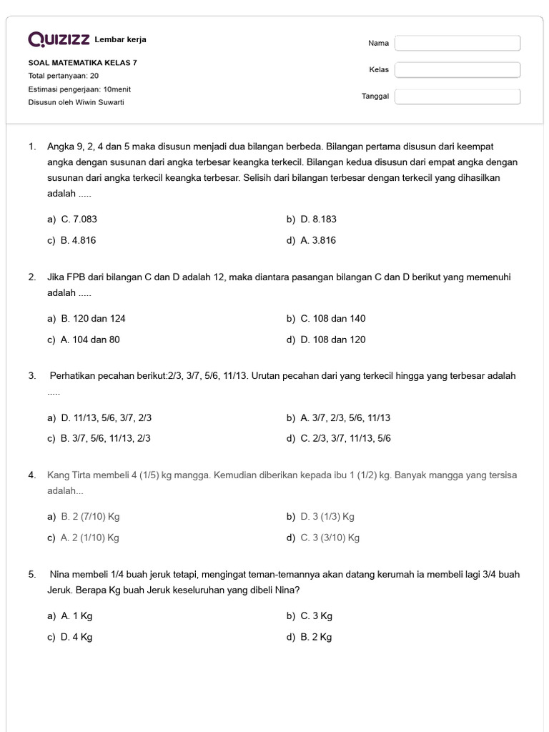 Quizizz - SOAL MATEMATIKA KELAS 7 | PDF