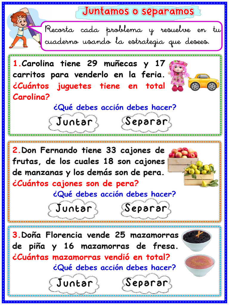Ficha Resolvemos Problemas Juntando 0 Separando Maestra Janet | PDF
