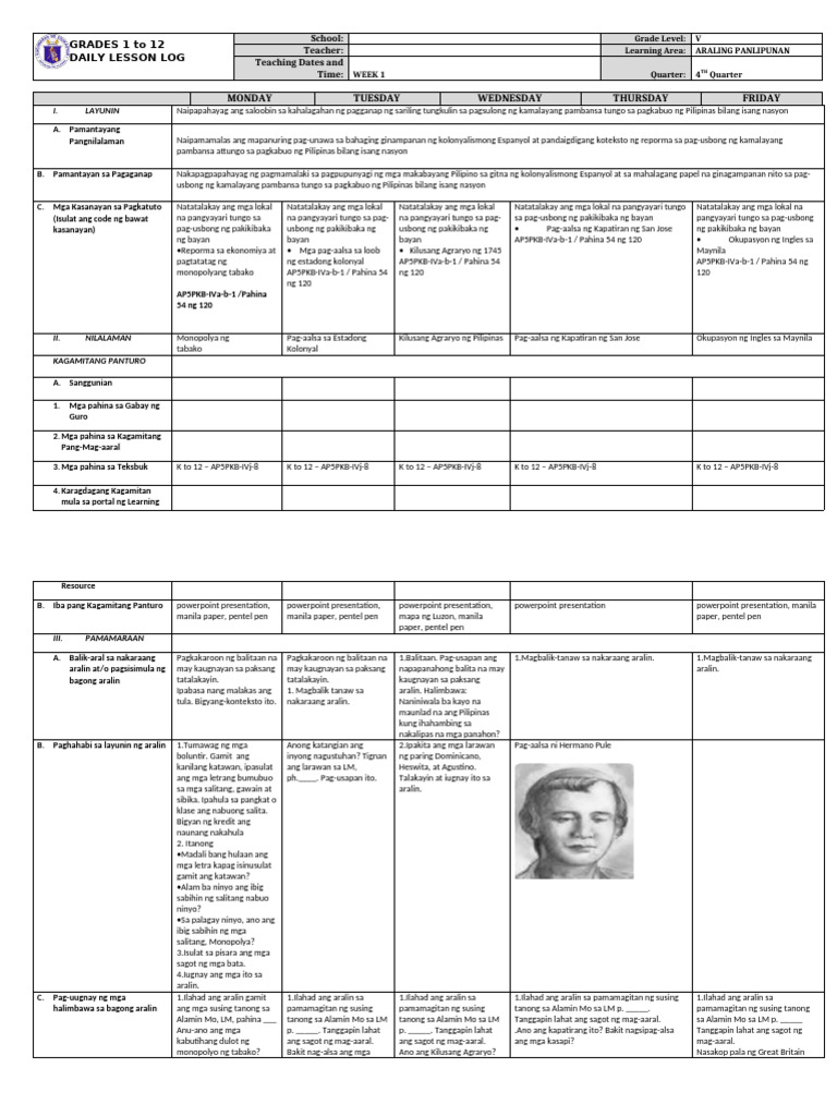 Grade 5 DLL Araling Panlipunan 5 Q4 Week 1 | PDF