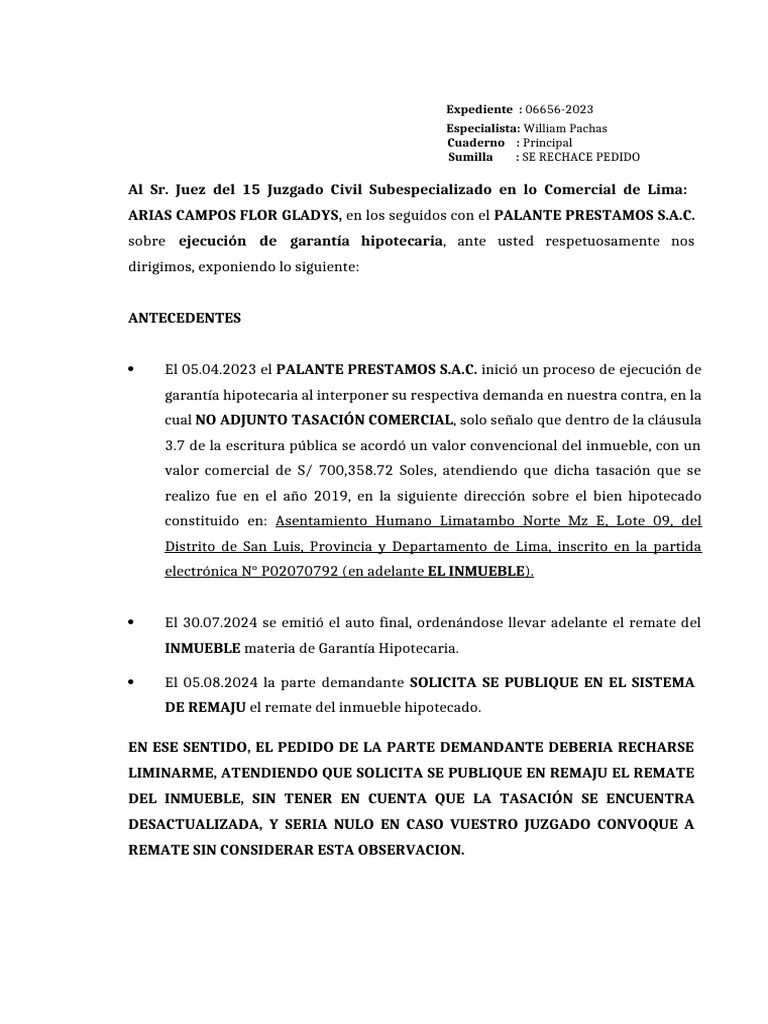 Escrito Solicitando Se Rechace El Pedido de La Parte Demandante | PDF ...