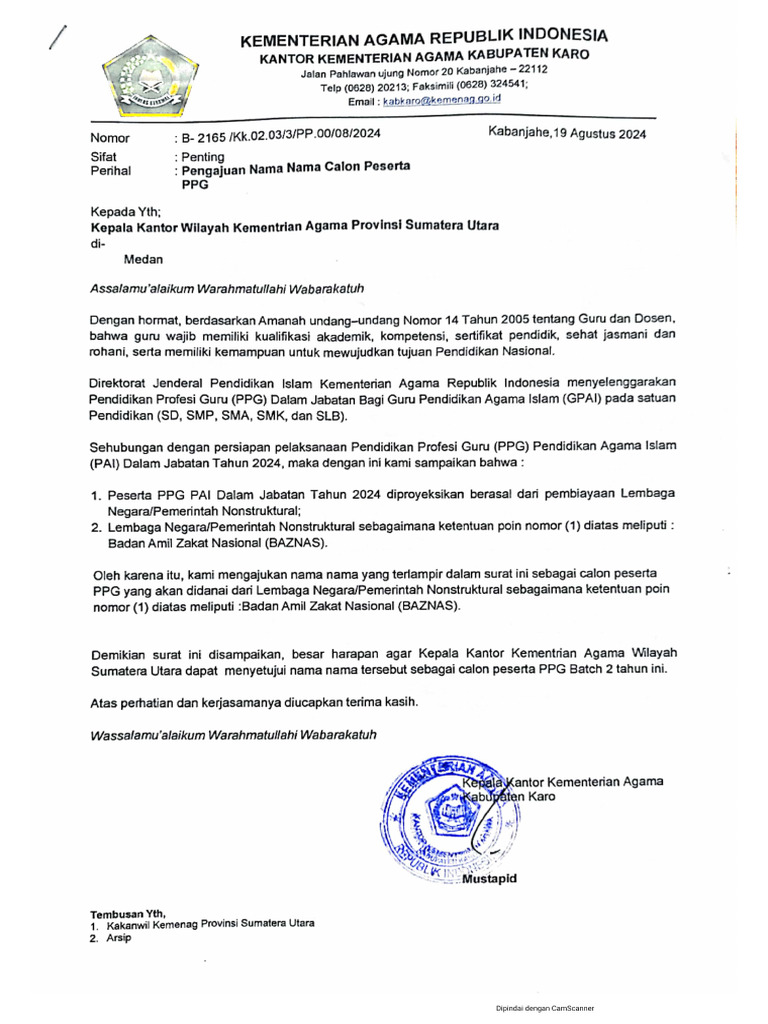 Surat Pengajuan Nama PPG kakan karo | PDF Surat Pengajuan Nama PPG kakan karo | PDF