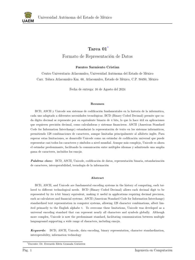 Tarea 01 Formatos de representación de caracteres | PDF