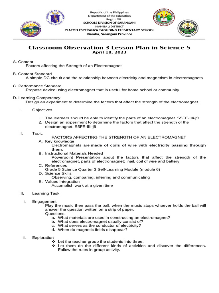 Lesson Plan in Grade 5 Science (Classroom Observation) | PDF
