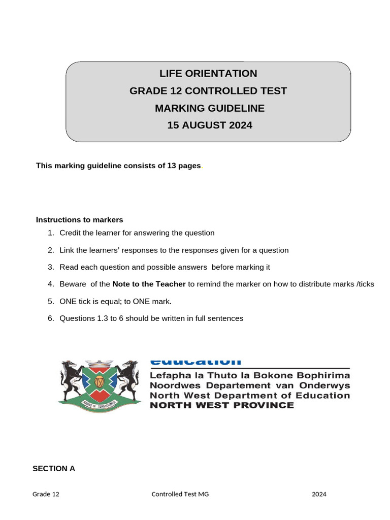 Marking Guide Gr 12 Controlled Test 2024 | PDF