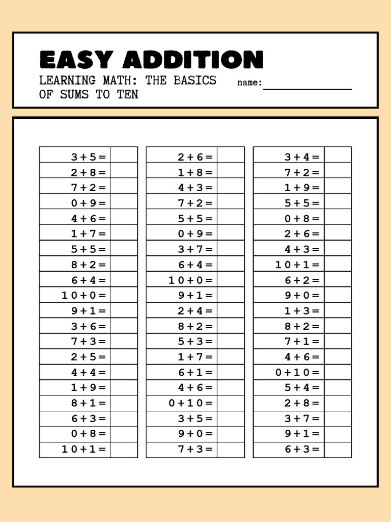 Addition 0-10 Sums to Ten Math Worksheet in White Yellow Simple Style | PDF