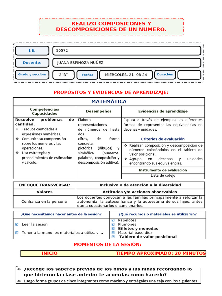MATE Composicion y Descomposicion | PDF | Evaluación | Métodos y materiales de enseñanza