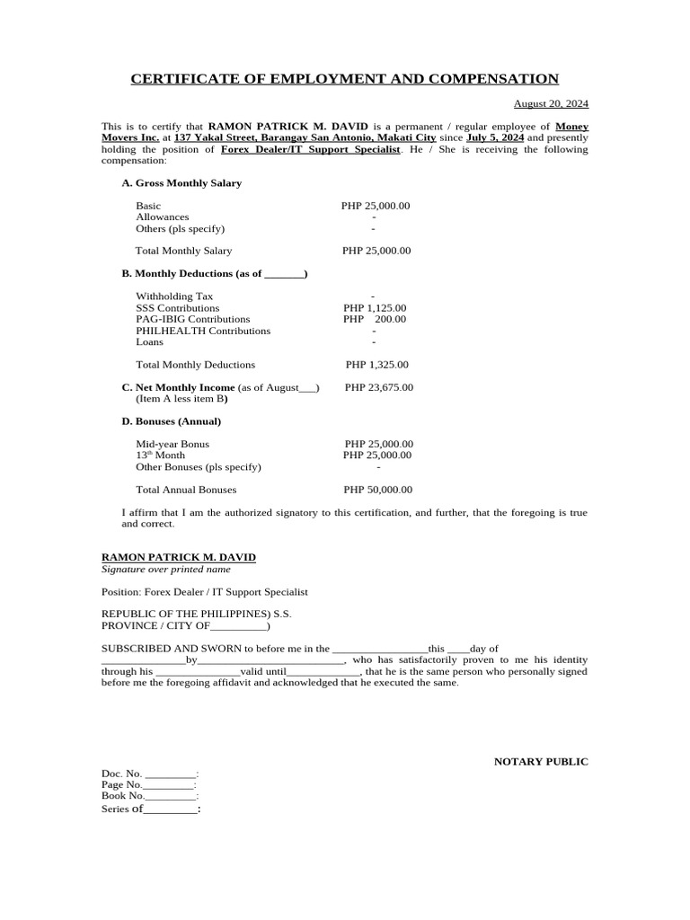 EMPLOYEE-CERTIFICATE OF EMPLOYMENT WITH COMPENSATION-with Notary | PDF