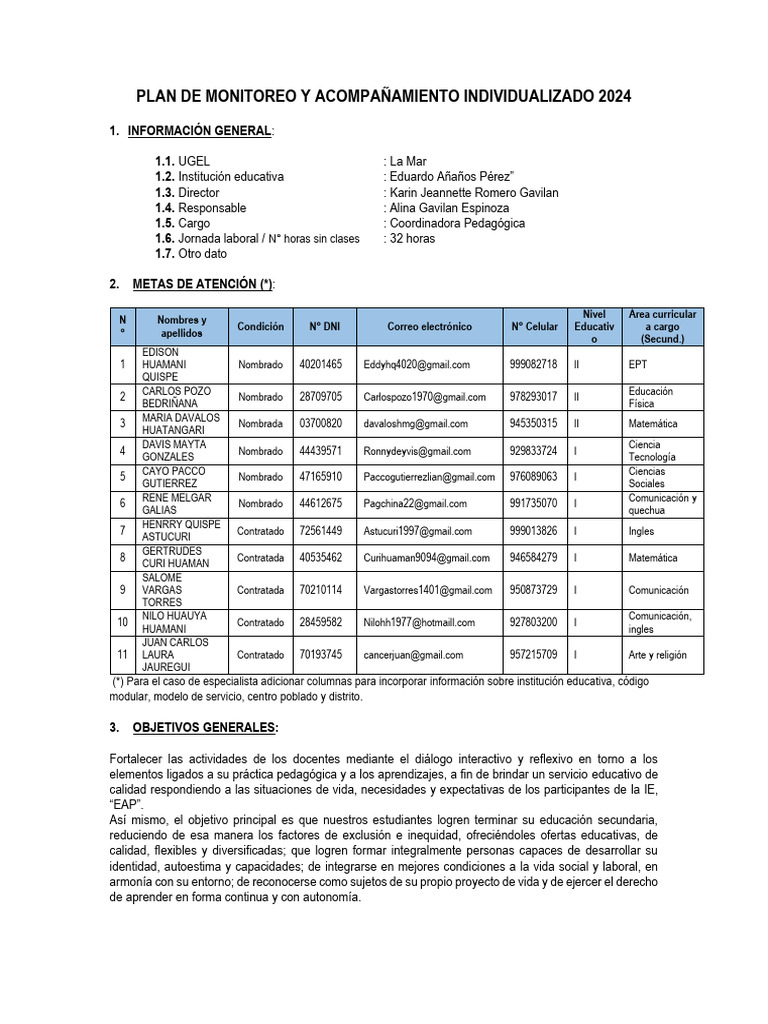 Plan de Monitoreo y Acompañamiento Individualizado 2024 | PDF