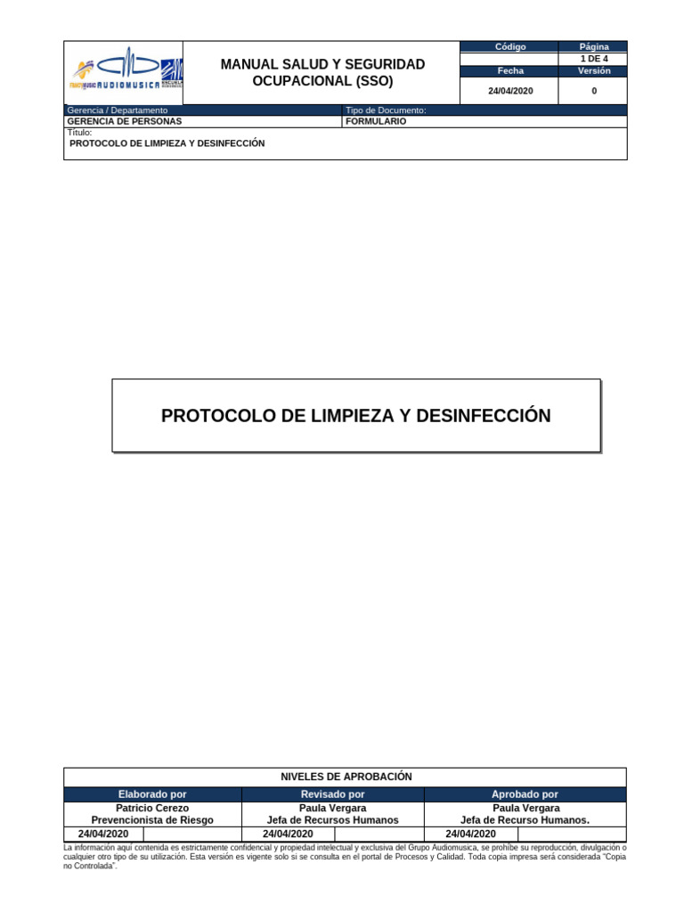 IT - GP.SSO. Protocolo de Limpieza y Desinfección Rev 0 | PDF