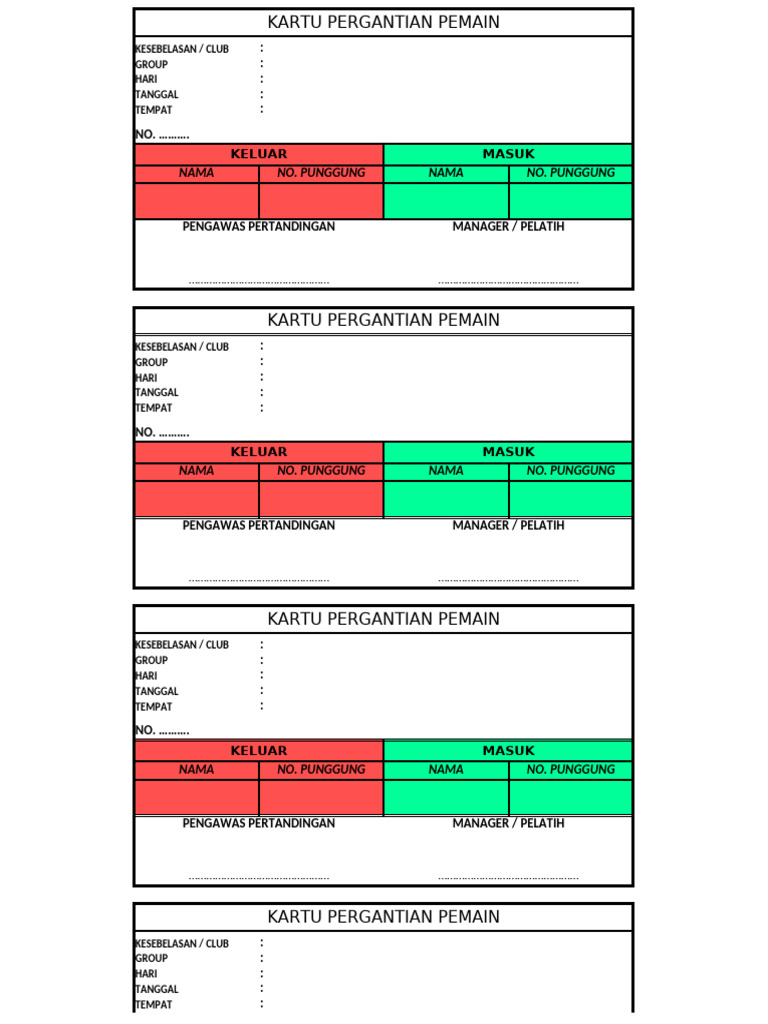 Format Kartu Pergantian Pemain | PDF