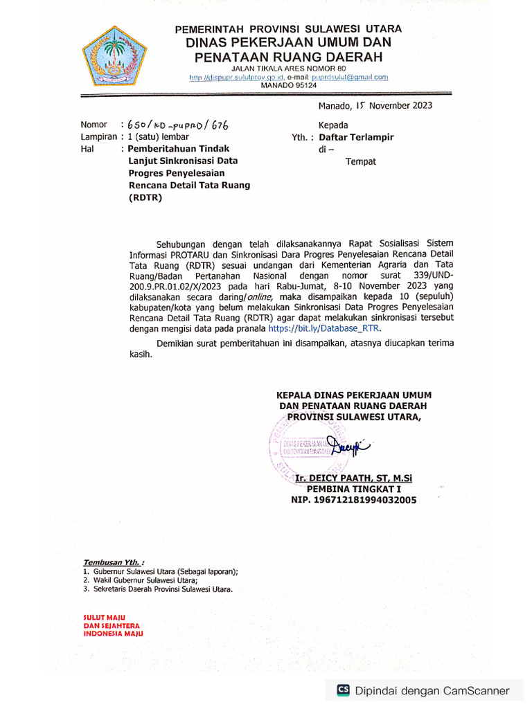 Surat Pemberitahuan Tindak Lanjut Sinkronisasi Data Progres RDTR | PDF