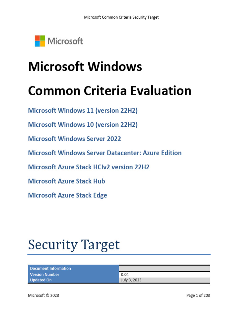 Microsoft Windows, Windows Server, Azure Stack Security Target (22H2) | PDF