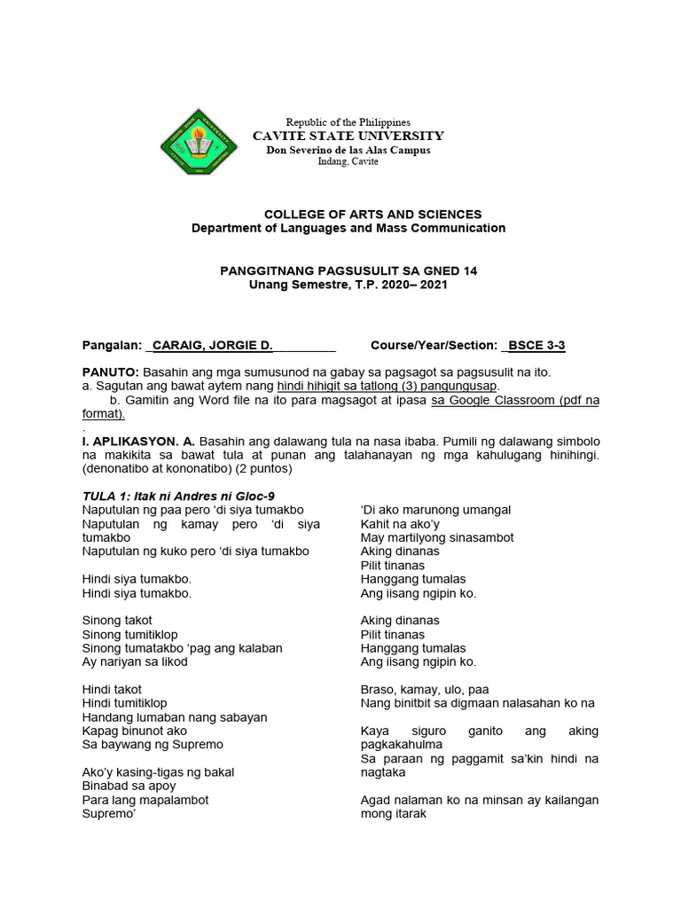 CARAIG, JORGIE D.-BSCE 3-3-GNED14 - Panggitnang Pagsusulit - RCOrsal | PDF