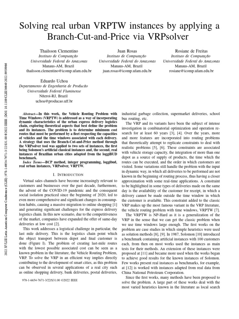 Solving Real Urban VRPTW Instances by Applying A Branch-Cut-and-Price ... Solving Real Urban VRPTW Instances by Applying A Branch-Cut-and-Price ...
