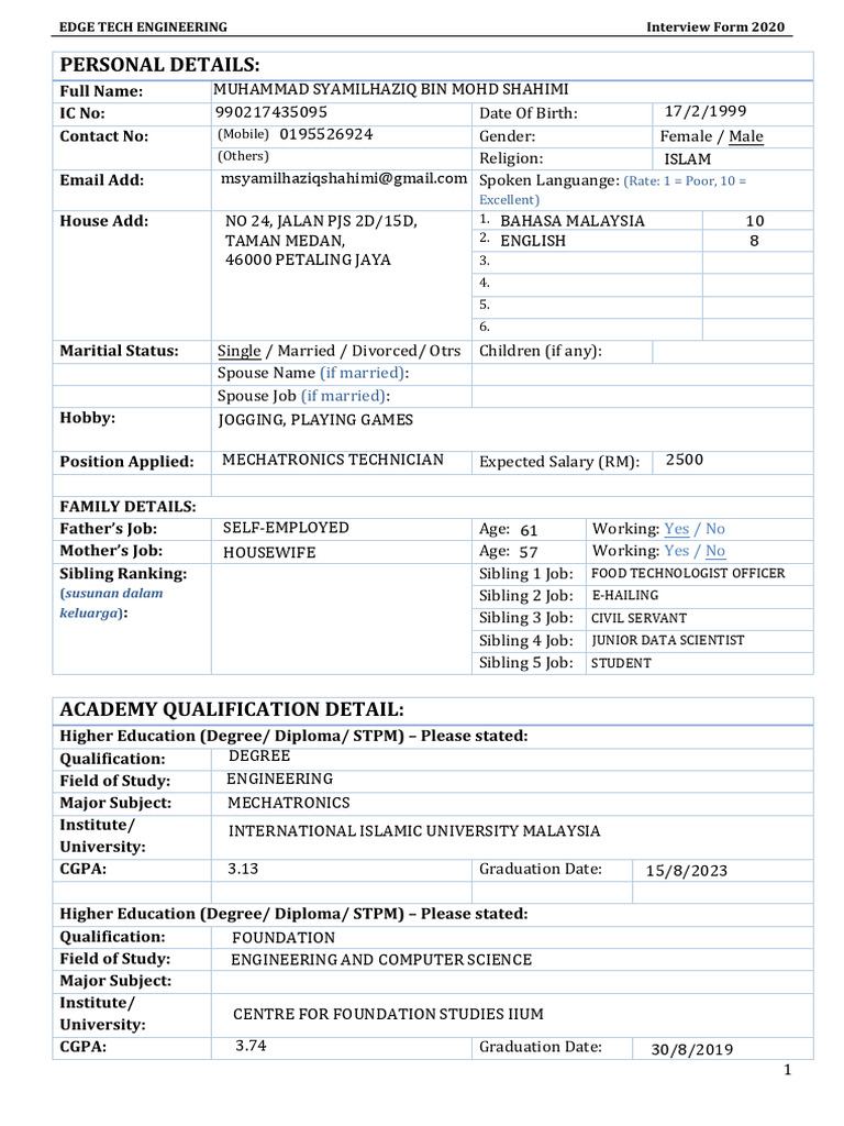 Interview Form 2020 | PDF