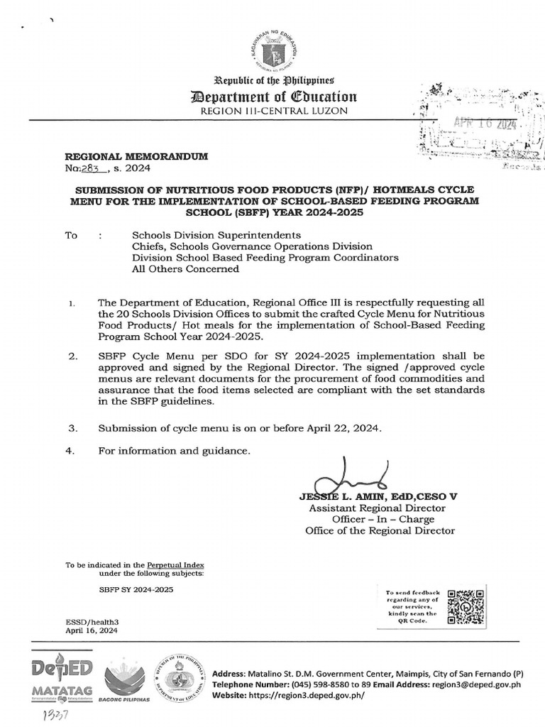 RM No. 283, S.2024 - Submission of Nutritious Food Products (NFP) Hotmeals Cycle Menu For The ...