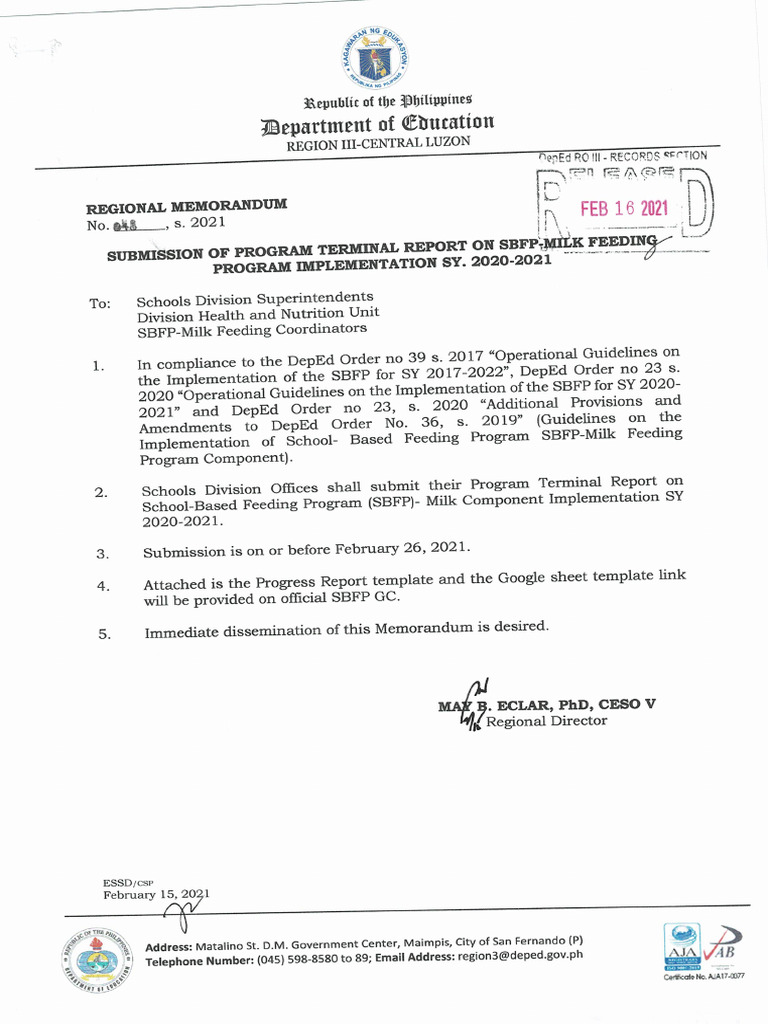 RM No. 048, S. 2021 - Submission of Program Terminal Report On SBFP ...