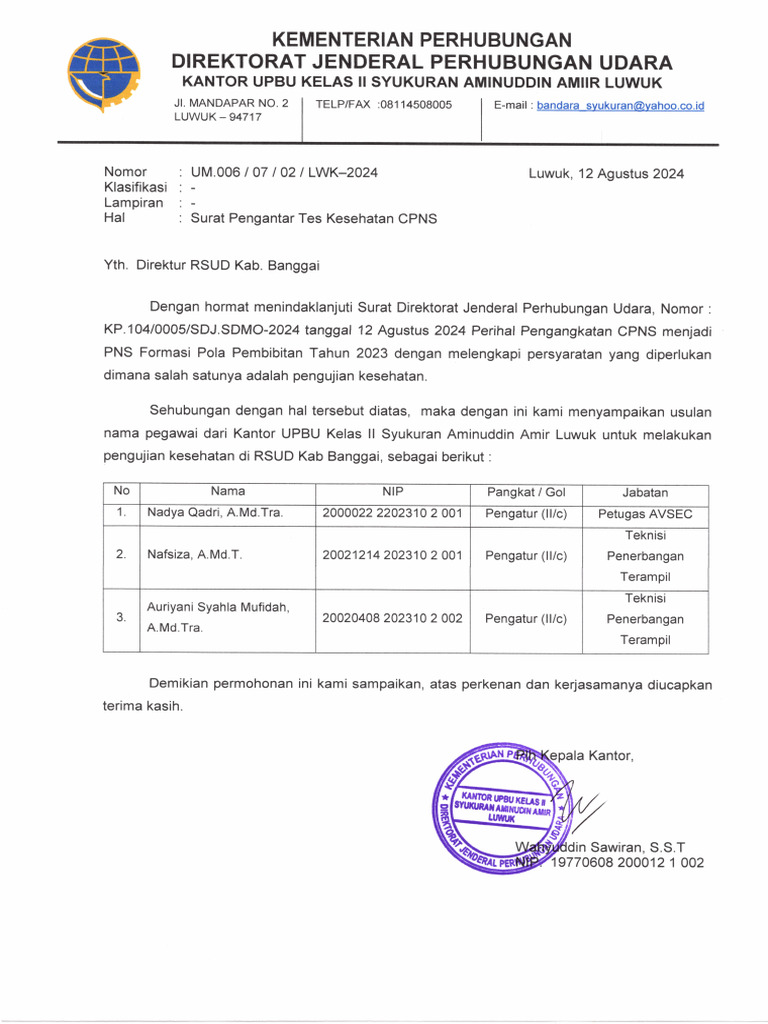 Surat Pengantar Tes Kesehatan CPNS Luw | PDF