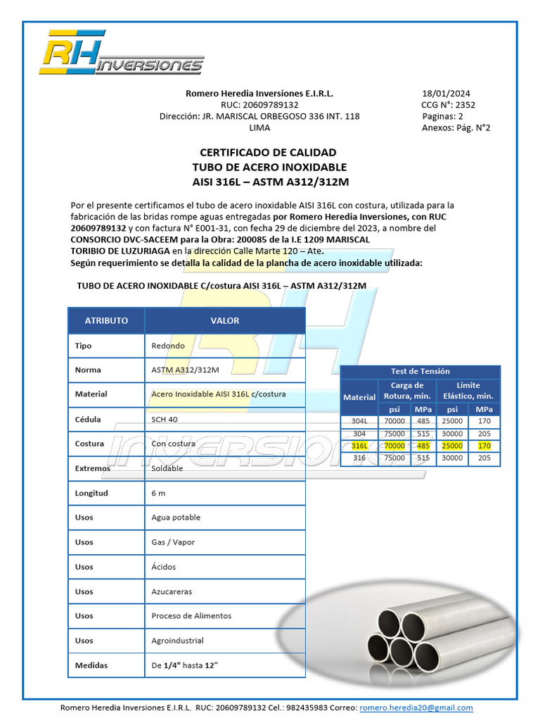 Certificado Tubo de Acero Inox 316 | PDF