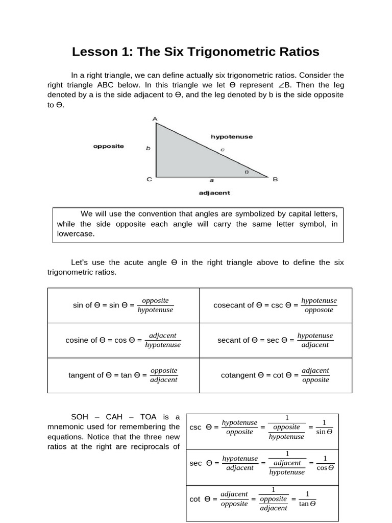 A4 SIZE - LESSON 1 - The Six Trigonometric Ratios | PDF