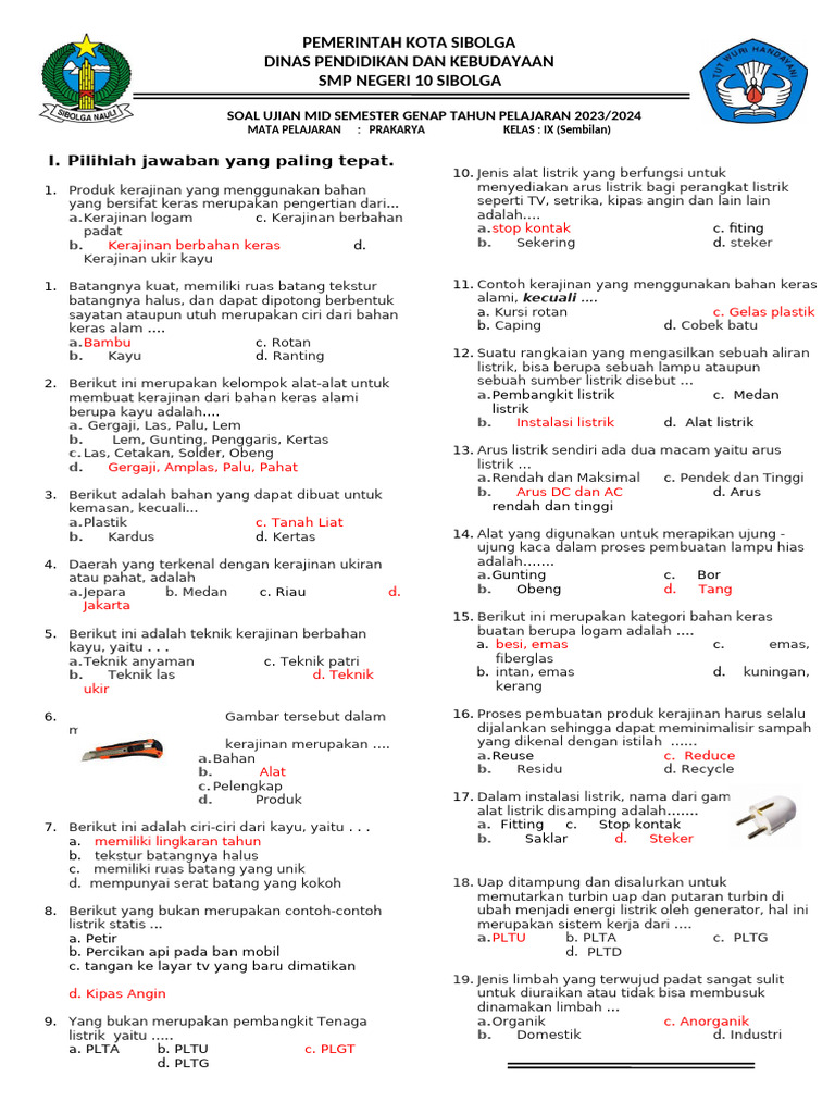 Mid Sem II Prakarya 9 k13 SMP 10 | PDF