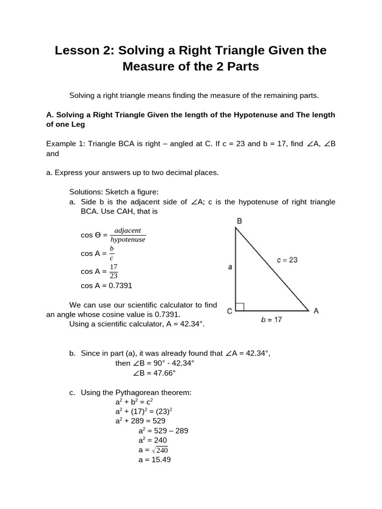 A4 SIZE - LESSON 2 - Solving A Right Triangle Given The Measure of The ...