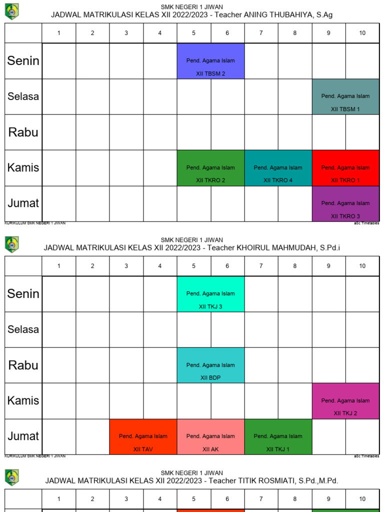 Jadwal Matrikulasi Kelas Xii Per Guru Warna 27 Feb - 7 Mar 2023 | PDF