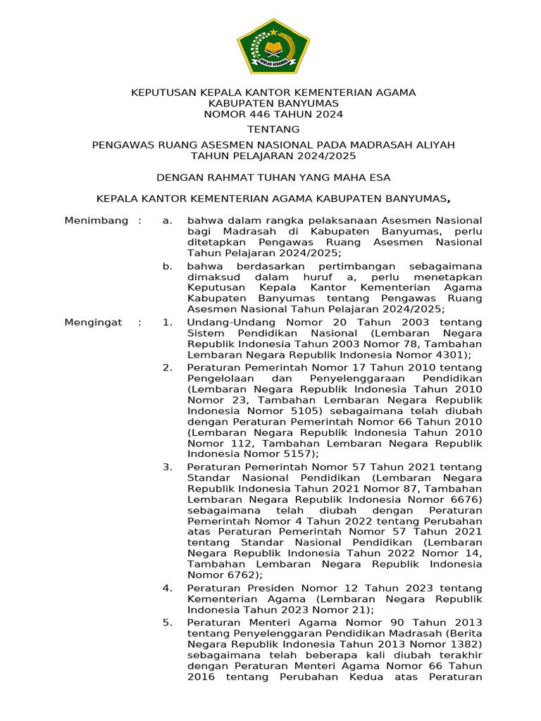 SK Pengawas Asesmen Nasional 2024 | PDF