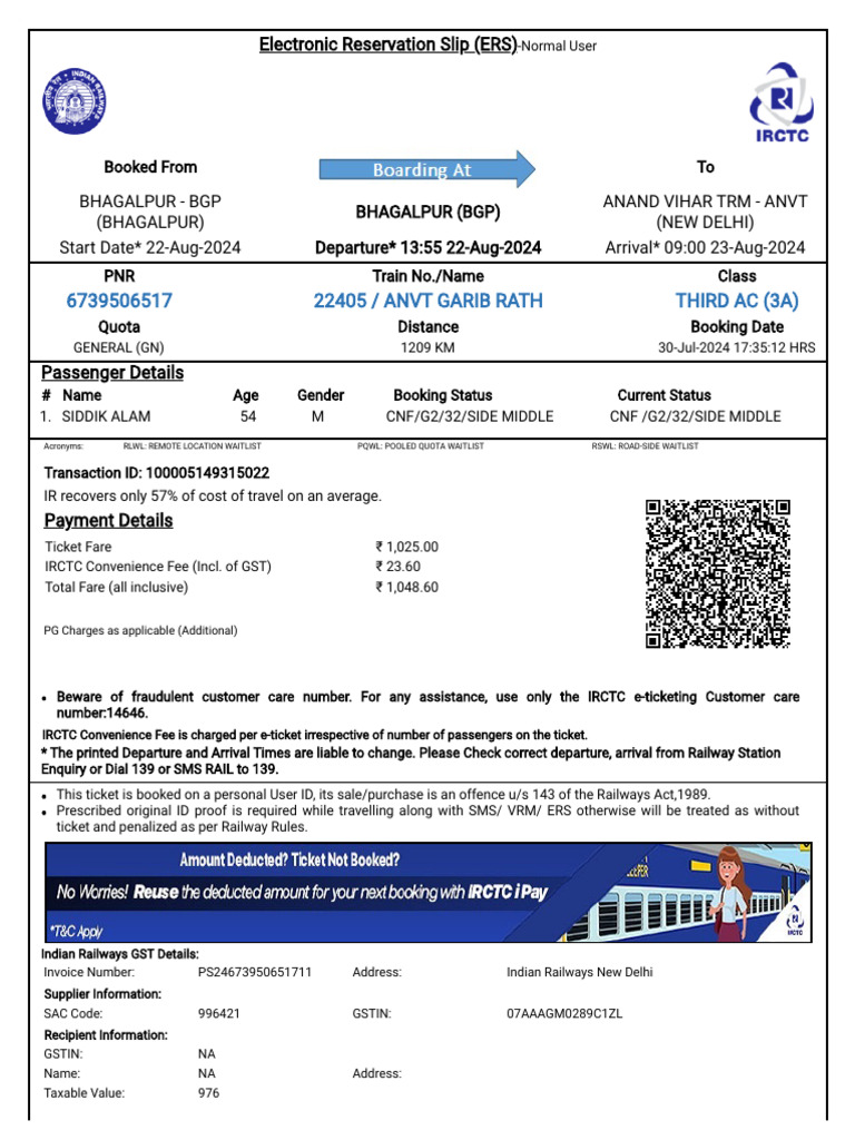 Anvt Garib Rath Third Ac (3A) : Electronic Reservation Slip (ERS) | PDF