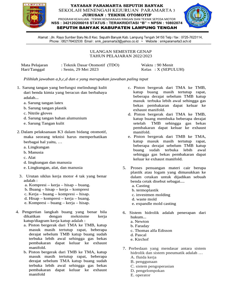 Ulangan Semester Genap 2023 (Tdo) KLS 10 | PDF