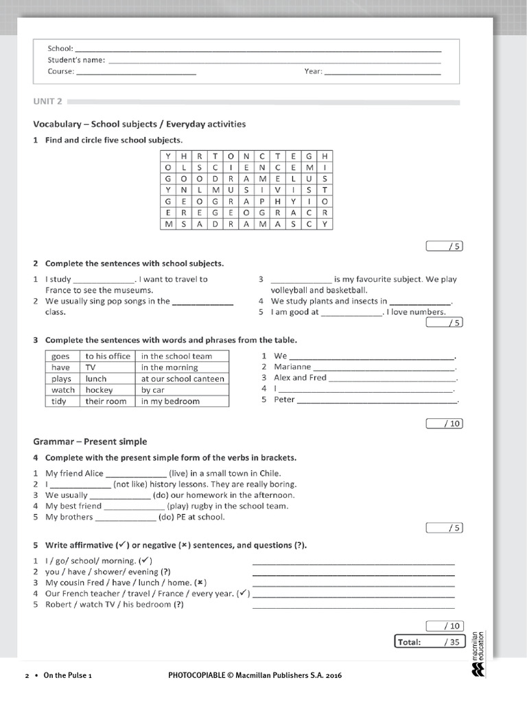 On The Pulse 1 Unit 2 Discrete Test | PDF