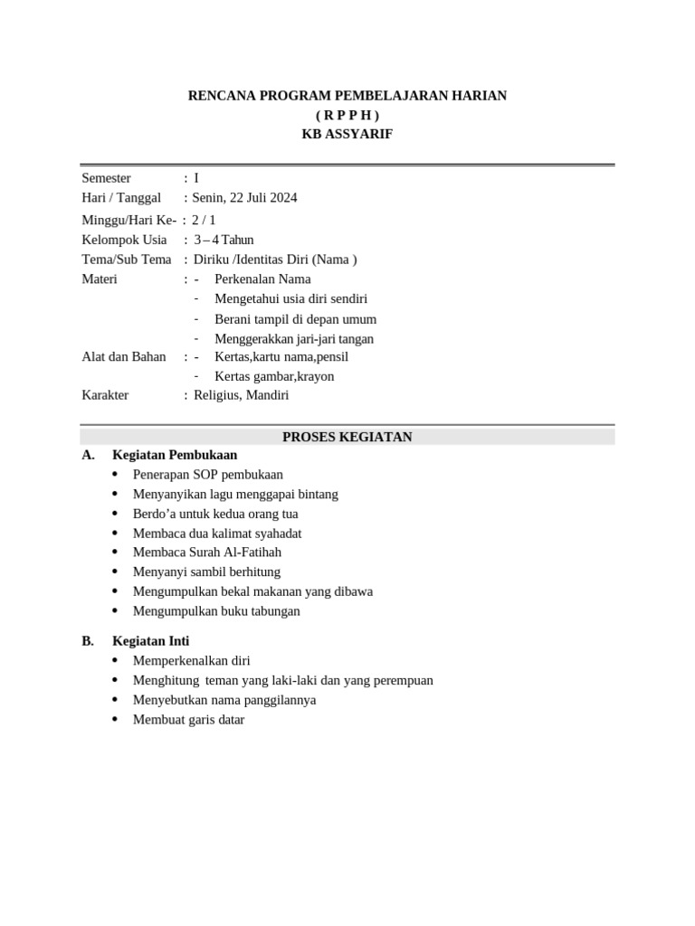 RPPH Paud Minggu Ke 2-4 | PDF