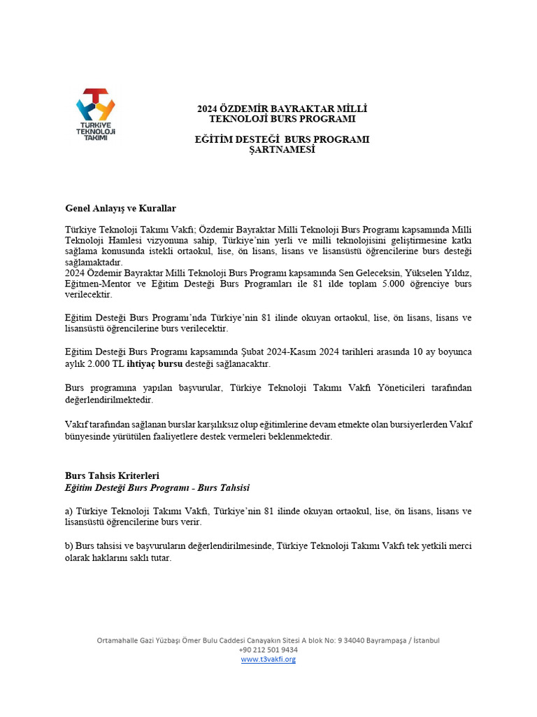 '24 Eği̇ti̇m Desteği̇ Burs Programi Şartnamesi̇ - 240401 - 161132 | PDF
