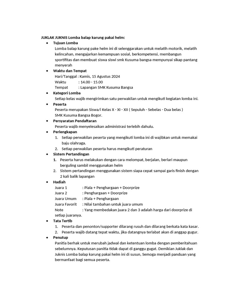 JUKLAK JUKNIS Lomba Balap Karung Pakai Helm | PDF