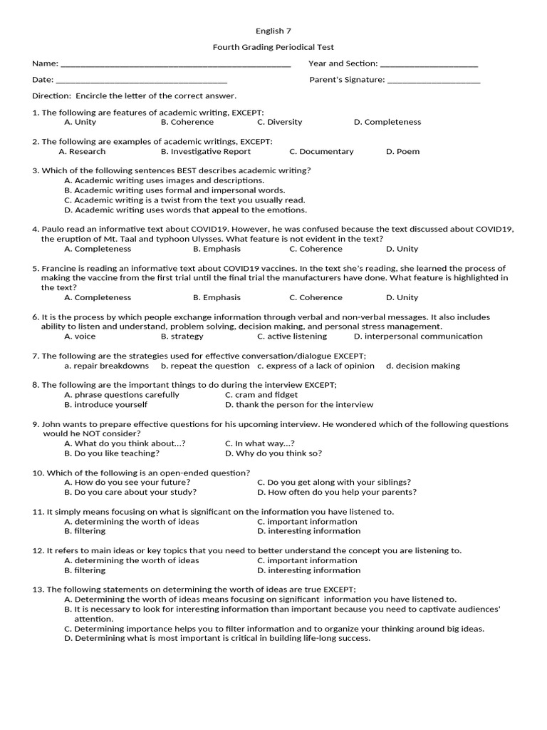 English 7 4TH Grading Test | PDF | Essays | Human Communication