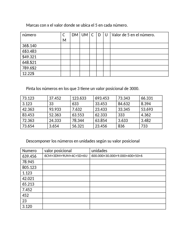 Ejercicios de Valor Posicional | PDF