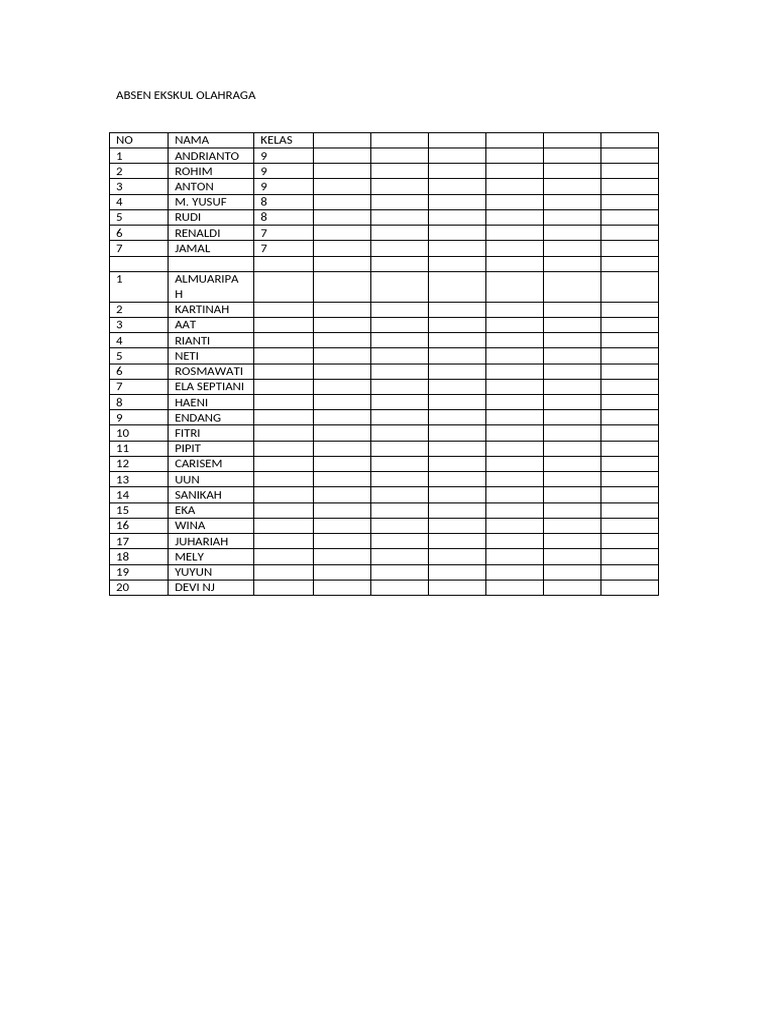 Absen Ekskul Olahraga | PDF