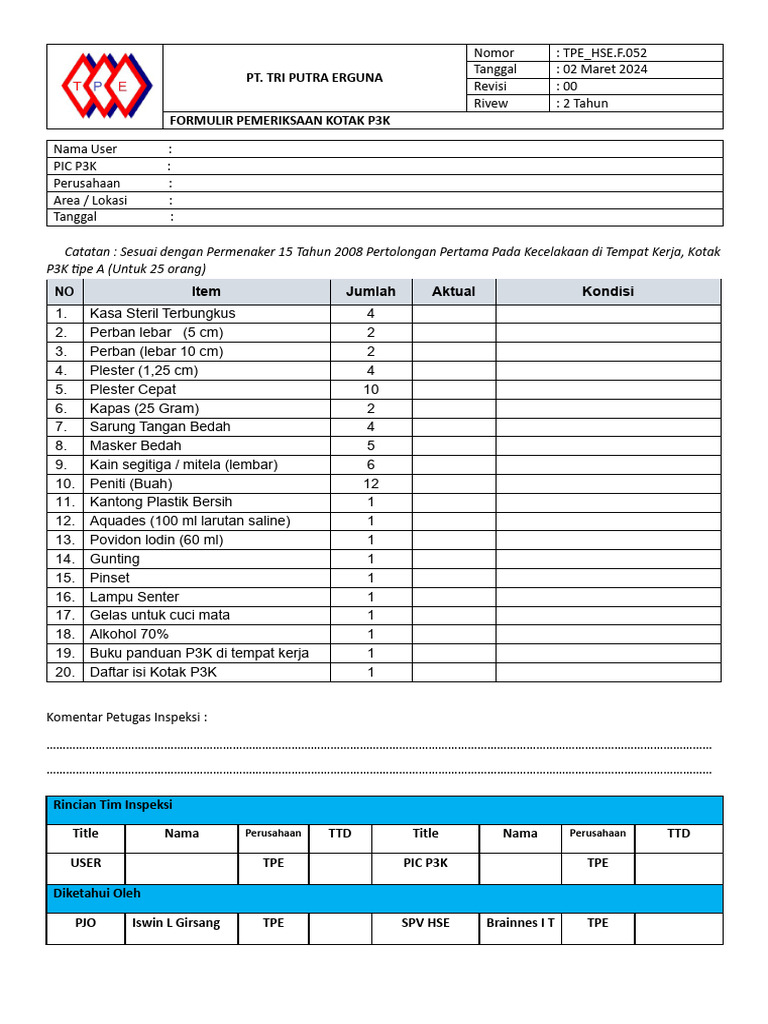TPE - HSE.F.052 Pemeriksaan P3K | PDF