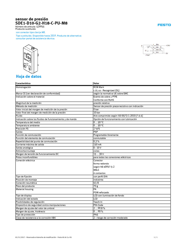Sensor de Presión SDE1-D10-G2-H18-C-PU-M8 | PDF | Conector eléctrico | Electricidad
